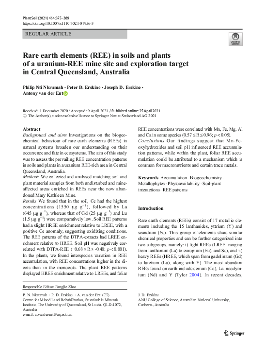 (PDF) Rare earth elements (REE) in soils and plants of a uranium-REE mine site and exploration ...
