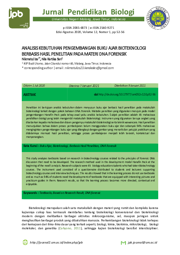 (PDF) Analisis Kebutuhan Pengembangan Buku Ajar Bioteknologi Berbasis Hasil Penelitian Pada ...