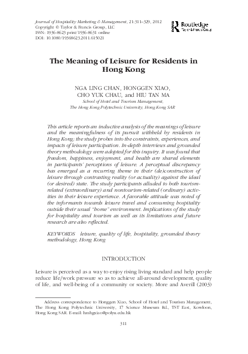 (PDF) The Meaning of Leisure for Residents in Hong Kong