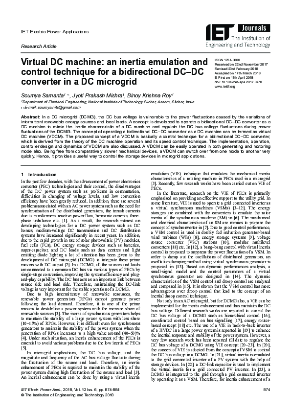 (PDF) Virtual DC machine: an inertia emulation and control technique for a bidirectional DC–DC ...