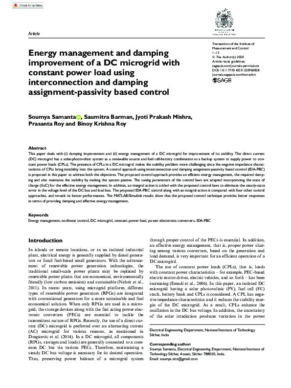 Pdf Energy Management And Damping Improvement Of A Dc Microgrid With Constant Power Load Using