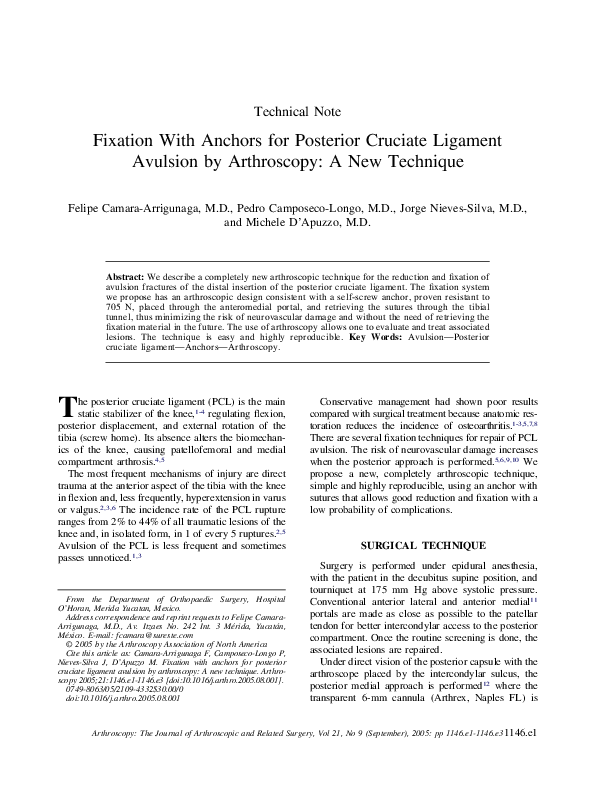 (PDF) Fixation With Anchors for Posterior Cruciate Ligament Avulsion by ...