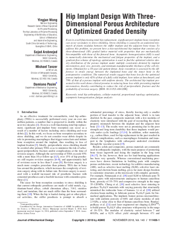Pdf Hip Implant Design With Three Dimensional Porous Architecture Of Optimized Graded Density