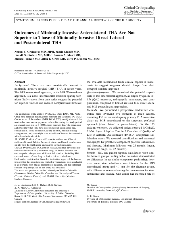 (PDF) Outcomes of Minimally Invasive Anterolateral THA Are Not Superior ...