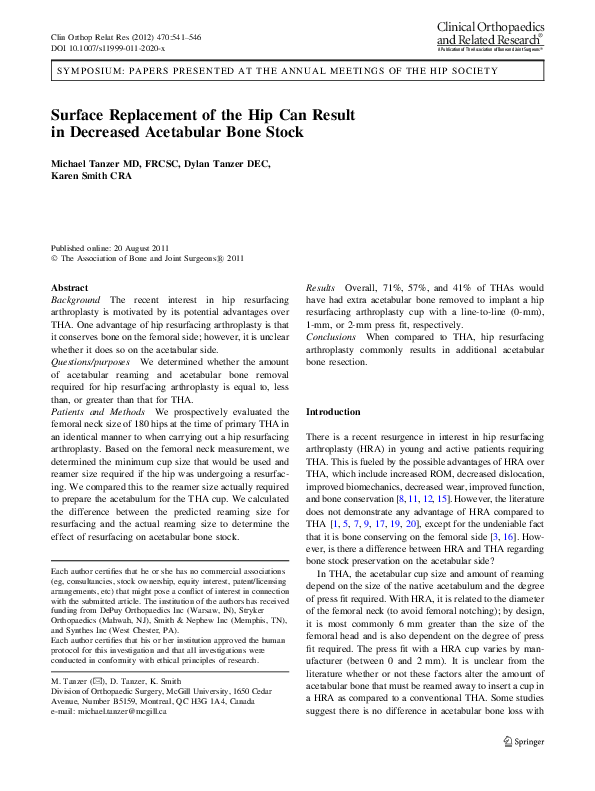 (PDF) Surface Replacement of the Hip Can Result in Decreased Acetabular ...