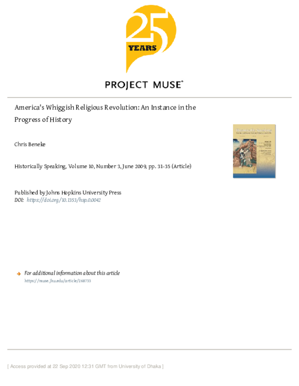 (PDF) America's Whiggish Religious Revolution: An Instance in the ...