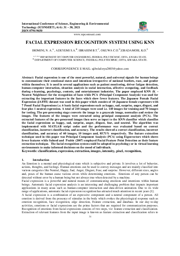 (PDF) FACIAL EXPRESSION RECOGNITION SYSTEM USING KNN | Adedoyin S Adeyemi - Academia.edu