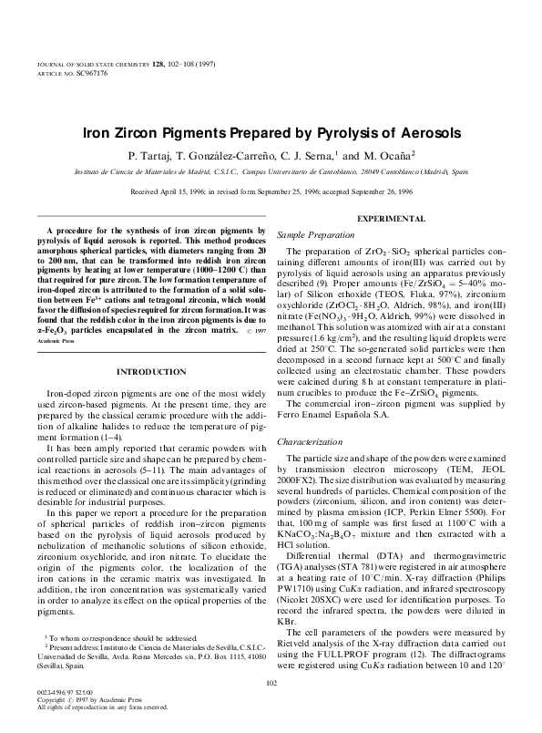(PDF) Iron Zircon Pigments Prepared by Pyrolysis of Aerosols