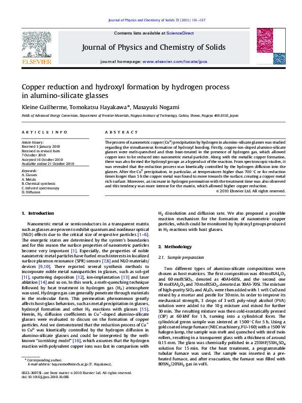 (PDF) Copper reduction and hydroxyl formation by hydrogen process in alumino-silicate glasses