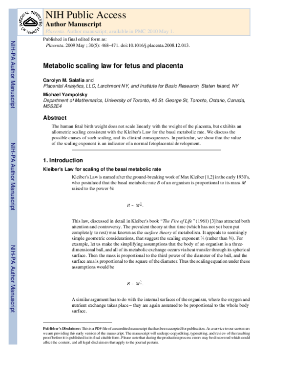 (PDF) Metabolic Scaling Law for Fetus and Placenta