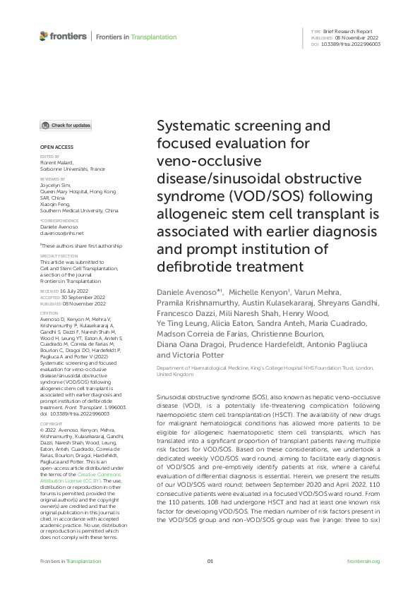 (PDF) Systematic screening and focused evaluation for veno-occlusive ...