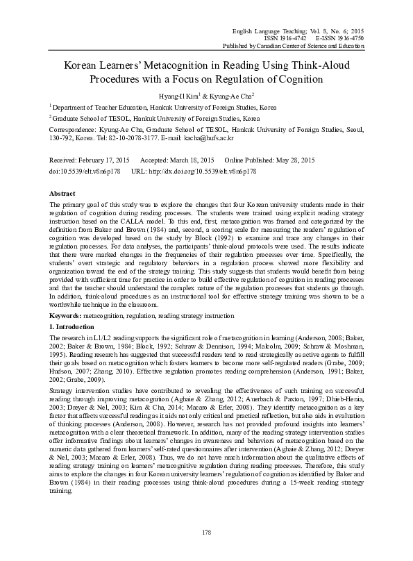 (PDF) Korean Learners’ Metacognition in Reading Using Think-Aloud ... (PDF) Korean Learners’ Metacognition in Reading Using Think-Aloud ...