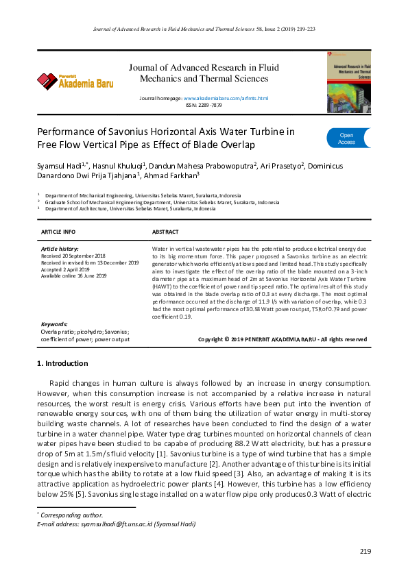 (PDF) Performance of Savonius Horizontal Axis Water Turbine in Free ...