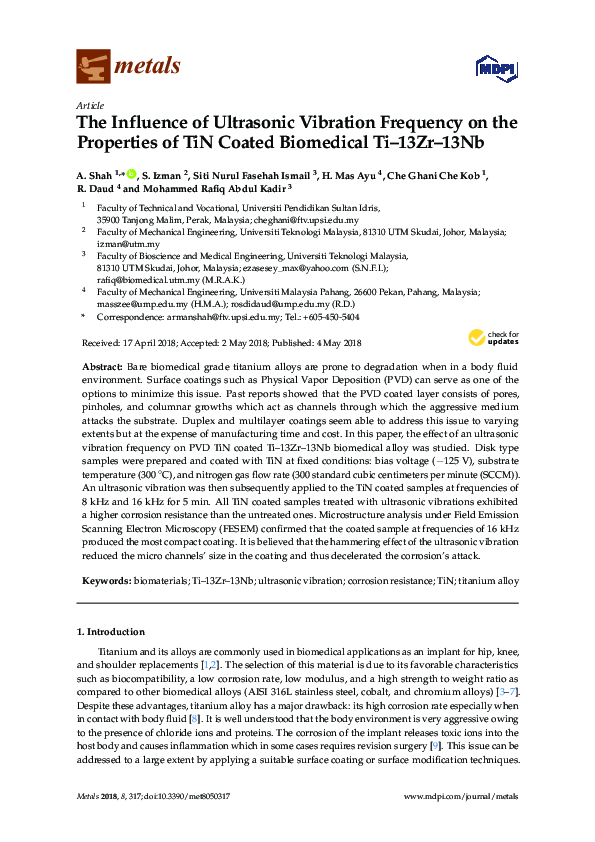(PDF) The Influence of Ultrasonic Vibration Frequency on the Properties of TiN Coated Biomedical ...