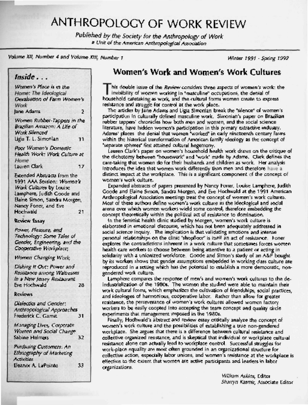 (PDF) Women's Work and Women's Work Cultures