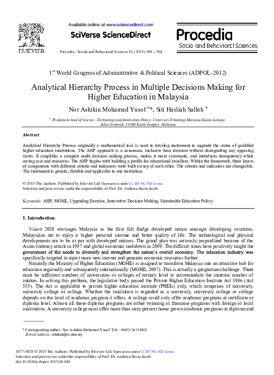 (PDF) Analytical Hierarchy Process in Multiple Decisions Making for Higher Education in Malaysia ...