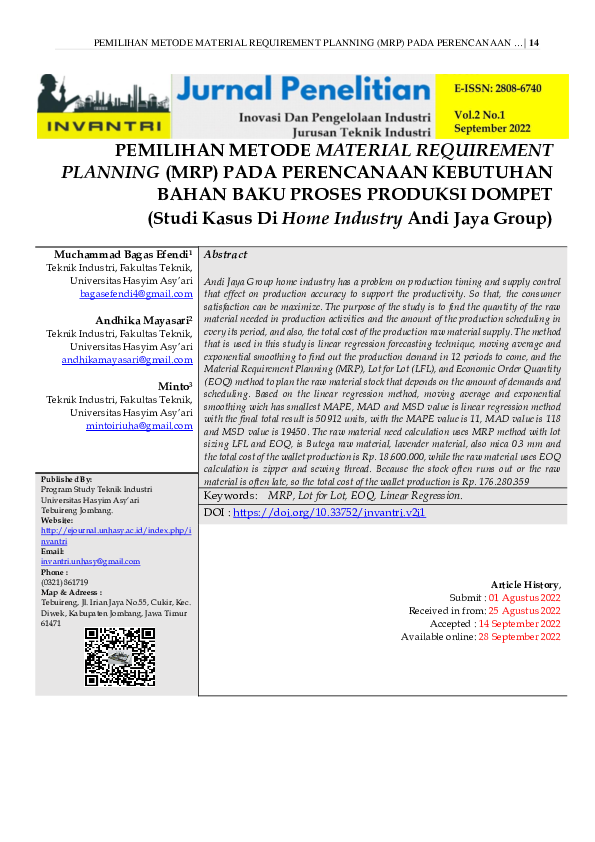 (PDF) Pemilihan Metode Material Requirement Planning Pada Perencanaan ...