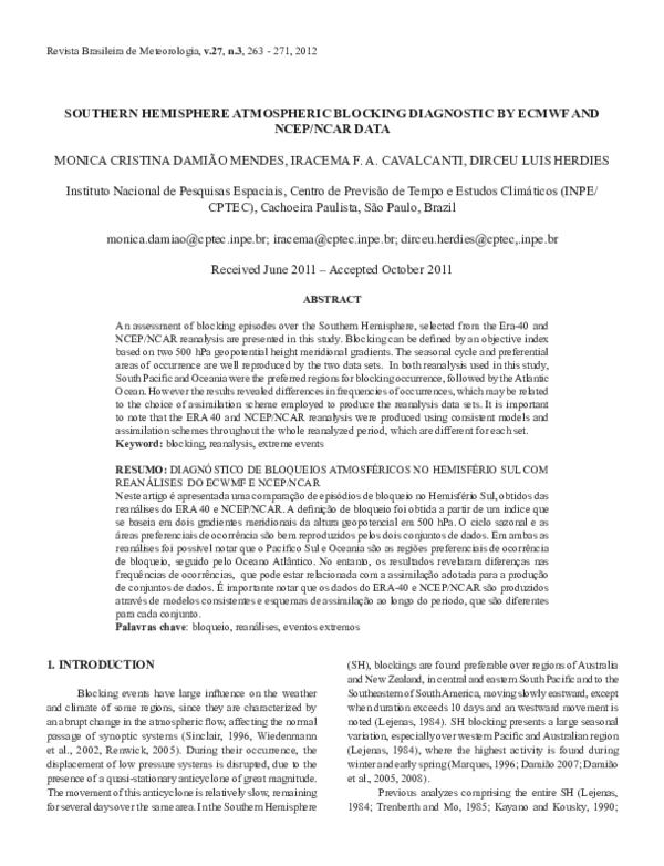 (PDF) Southern Hemisphere atmospheric blocking diagnostic by ECMWF and NCEP/NCAR data
