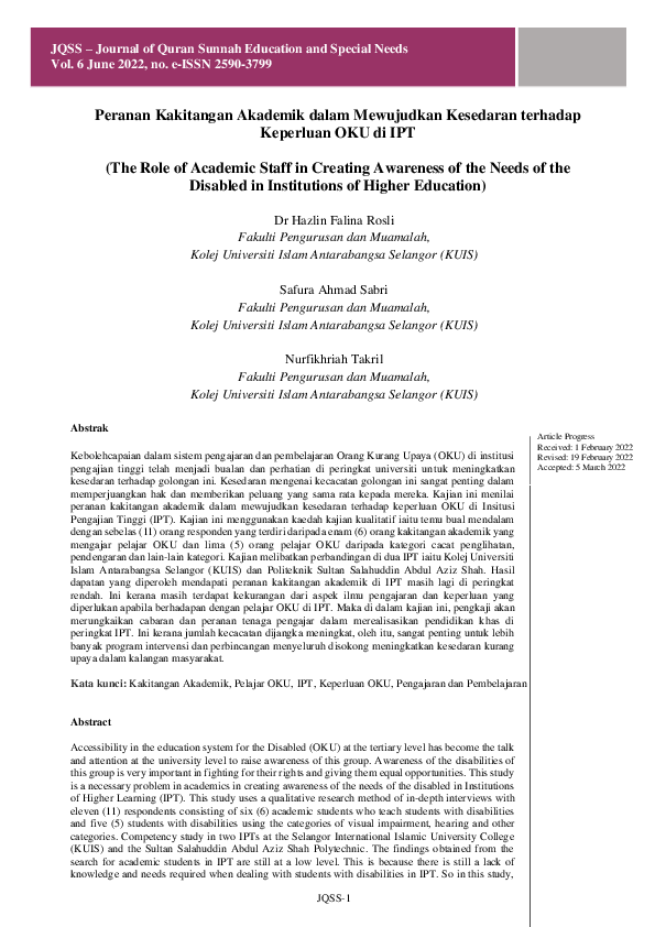 (PDF) Peranan Kakitangan Akademik dalam Mewujudkan Kesedaran terhadap Keperluan OKU di IPT ...