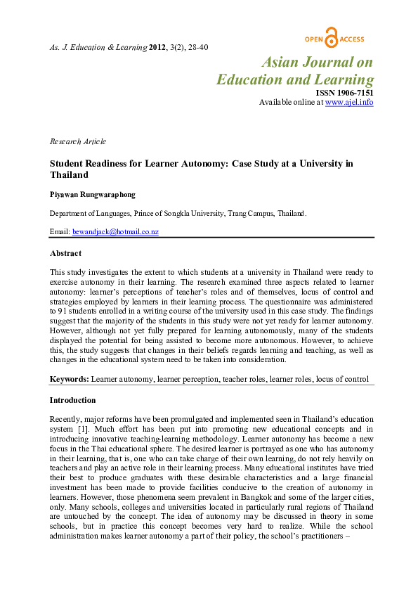 (PDF) Student Readiness for Learner Autonomy : Case Study at a University in Thailand