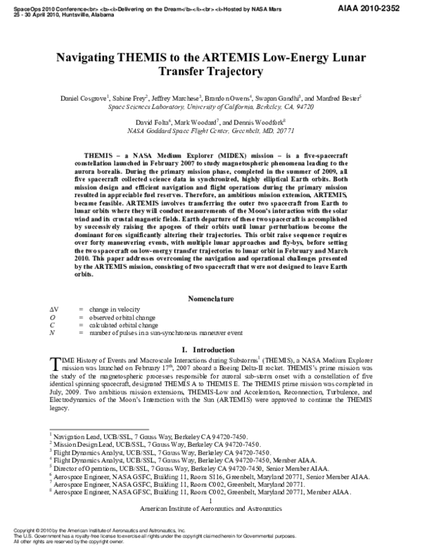 (PDF) Navigating THEMIS to the ARTEMIS Low-Energy Lunar Transfer Trajectory