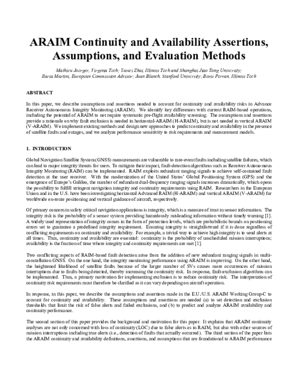 (PDF) ARAIM Continuity and Availability Assertions, Assumptions, and ...