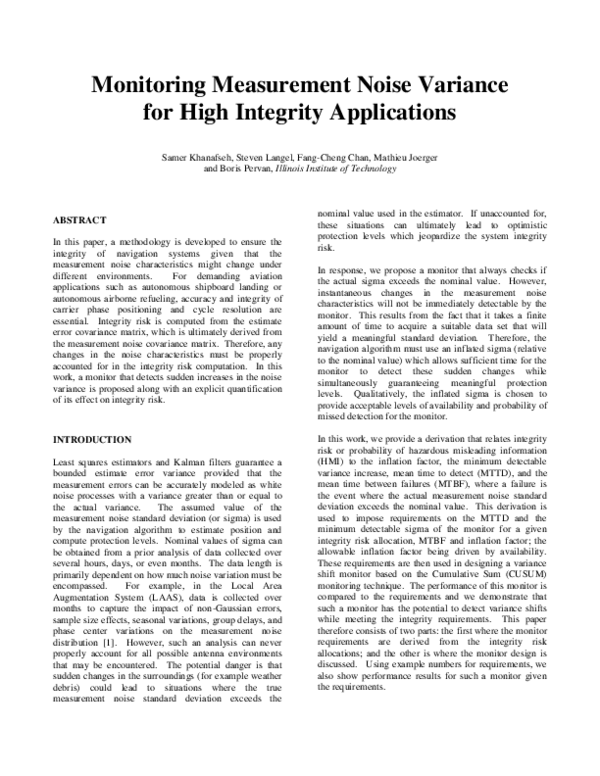 (PDF) Monitoring Measurement Noise Variance for High Integrity Applications