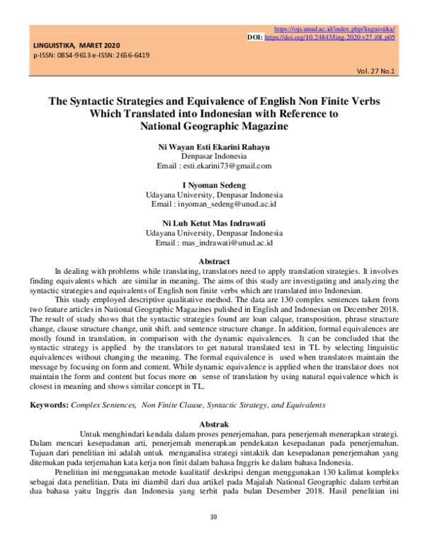 (PDF) The Syntactic Strategies and Equivalence of English Non Finite ...