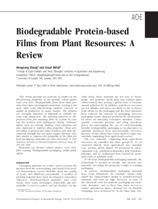 (PDF) Biodegradable protein-based films from plant resources: A review