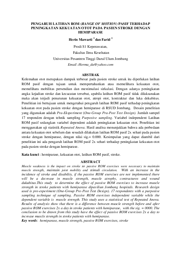 (PDF) Pengaruh Latihan Rom (Range of Motion) Pasif Terhadap Peningkatan Kekuatan Otot Pada ...