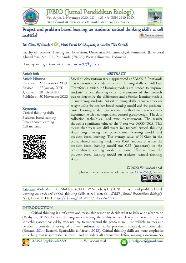 (PDF) Project and problem based learning on students' critical thinking skills at cell material