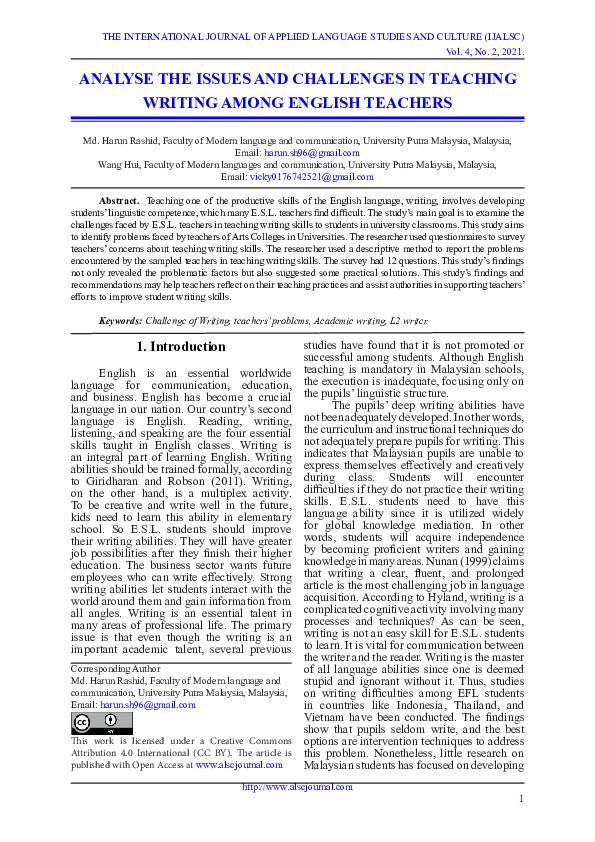 (PDF) Analyse the Issues and Challenges in Teaching Writing Among ...