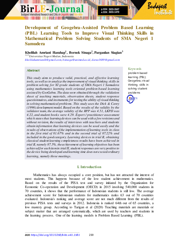 (PDF) Development of Geogebra-Assisted Problem Based Learning (PBL) Learning Tools to Improve ...