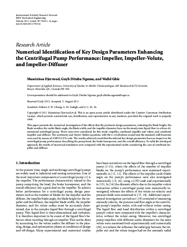 (PDF) Numerical Identification of Key Design Parameters Enhancing the Centrifugal Pump ...
