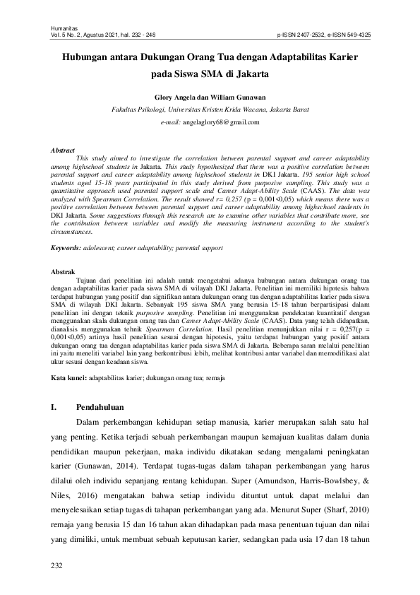 (PDF) Hubungan antara Dukungan Orang Tua dengan Adaptabilitas Karier pada Siswa SMA di Jakarta ...