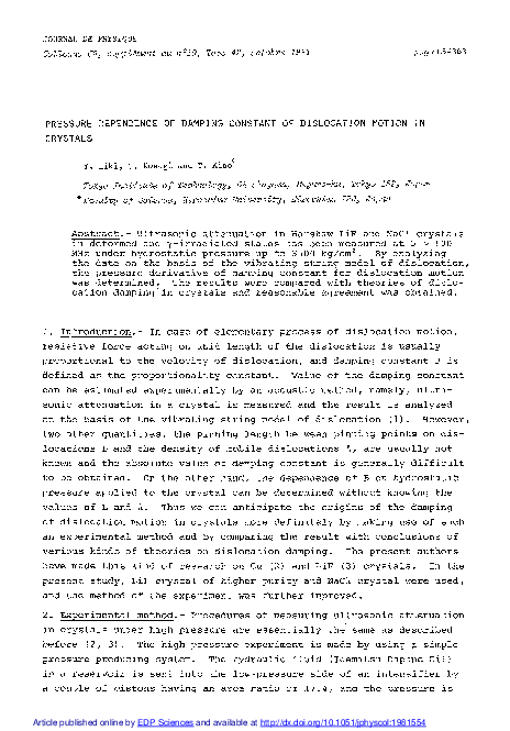 (PDF) Pressure Dependence of Damping Constant of Dislocation Motion in ...