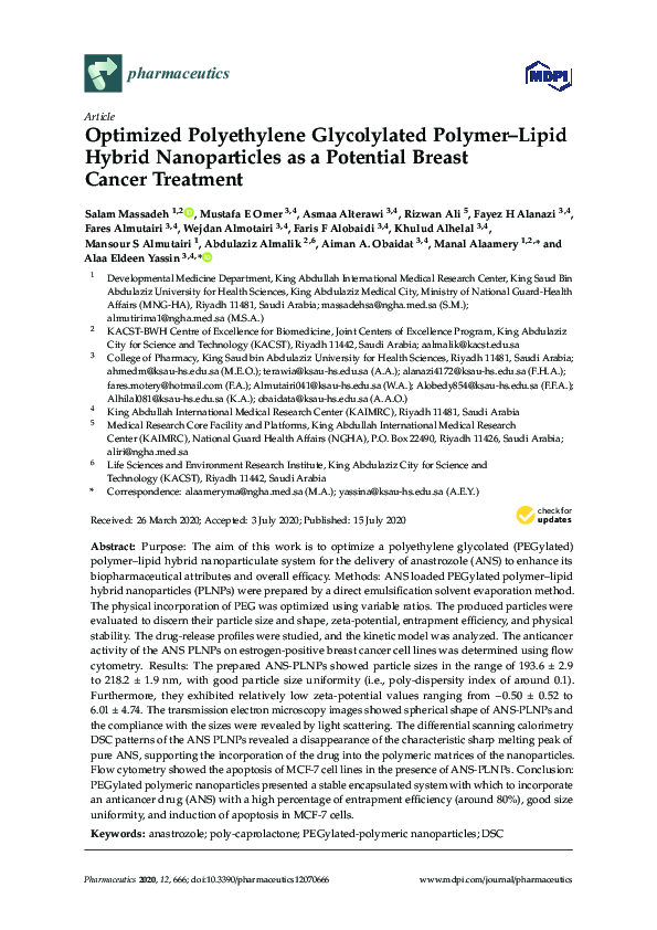 (PDF) Optimized Polyethylene Glycolylated Polymer–Lipid Hybrid Nanoparticles as a Potential ...