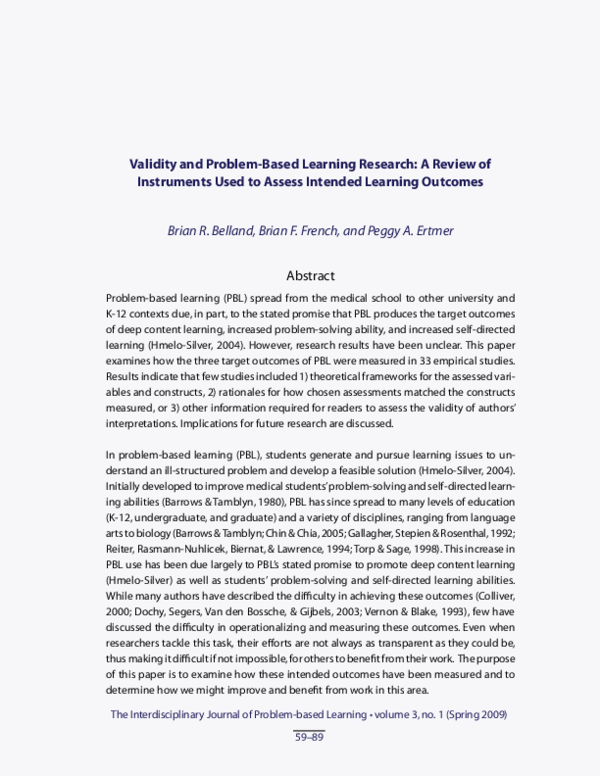 Pdf Validity And Problem Based Learning Research A Review Of Instruments Used To Assess