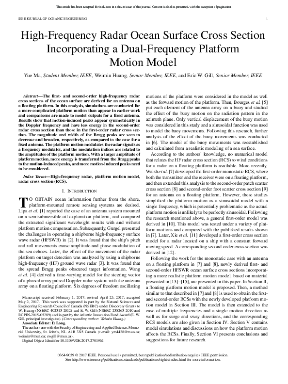 (PDF) High-Frequency Radar Ocean Surface Cross Section Incorporating a Dual-Frequency Platform ...