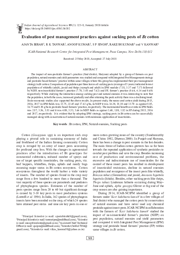 (PDF) Evaluation of pest management practices against sucking pests of Bt cotton
