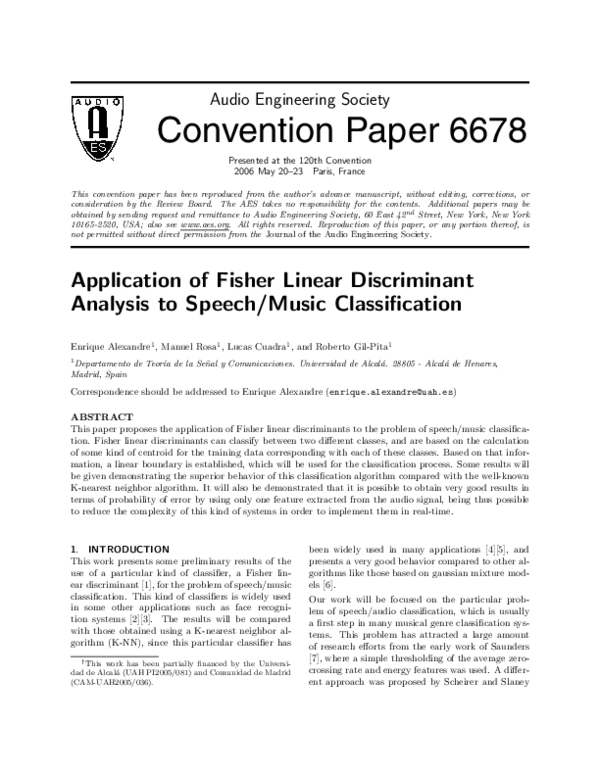 (PDF) Application of Fisher Linear Discriminant Analysis to Speech ...
