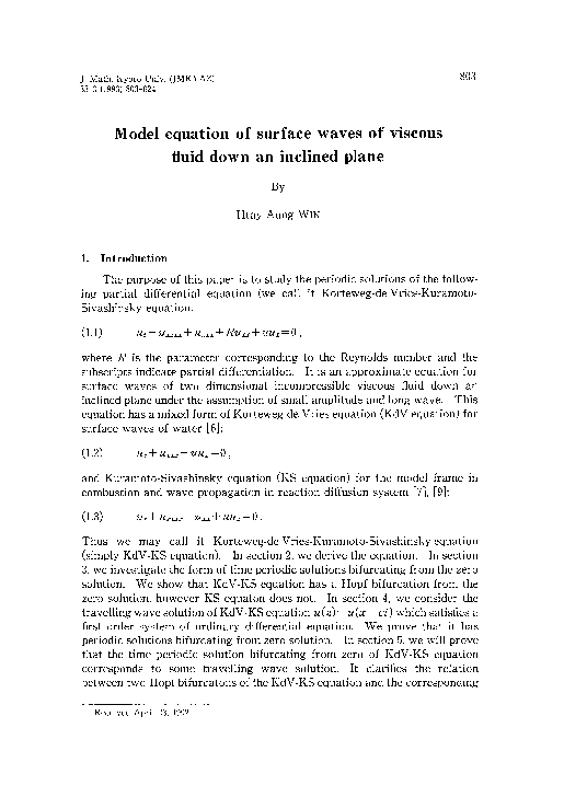 Pdf Model Equation Of Surface Waves Of Viscous Fluid Down An Inclined Plane