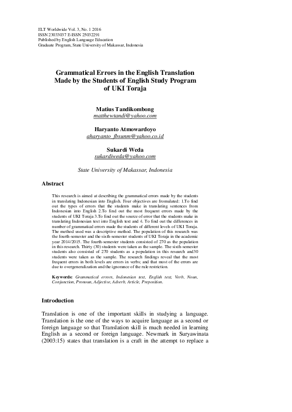 (PDF) Grammatical Errors in the English Translation Made by the Students of English Study ...