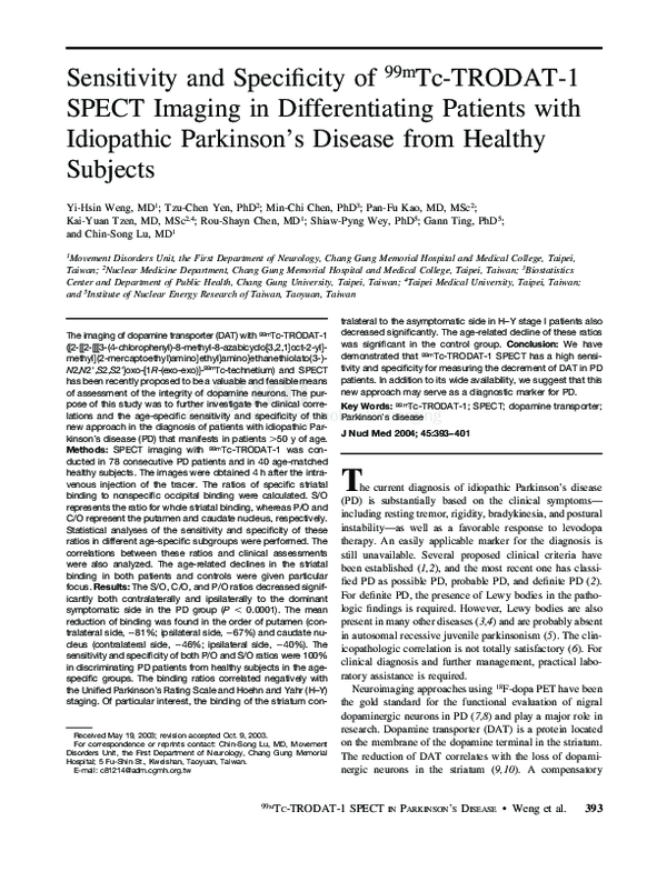 (PDF) R.S.: Sensitivity and specificity of 99m Tc-TRODAT-1 SPECT ...