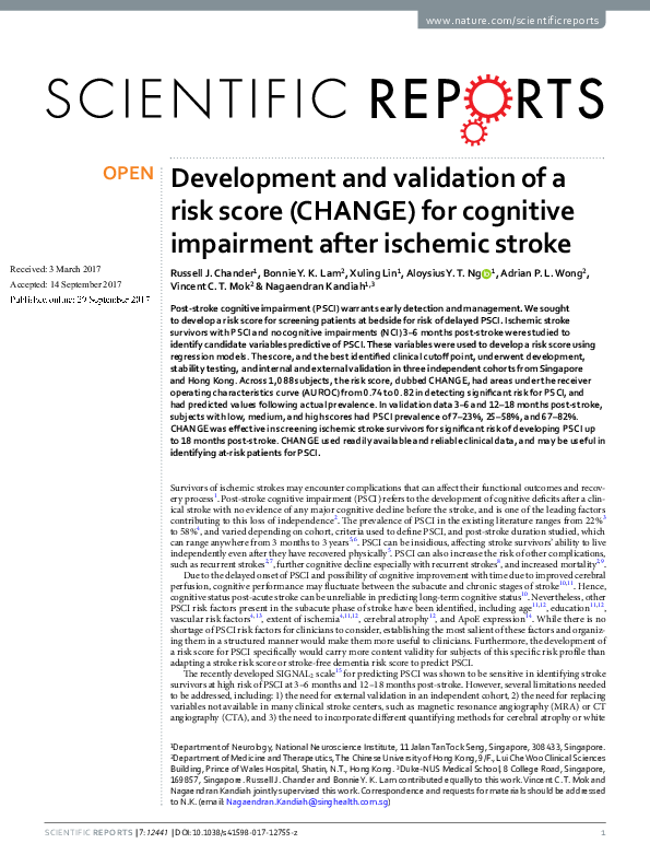 (PDF) Development and validation of a risk score (CHANGE) for cognitive impairment after ...