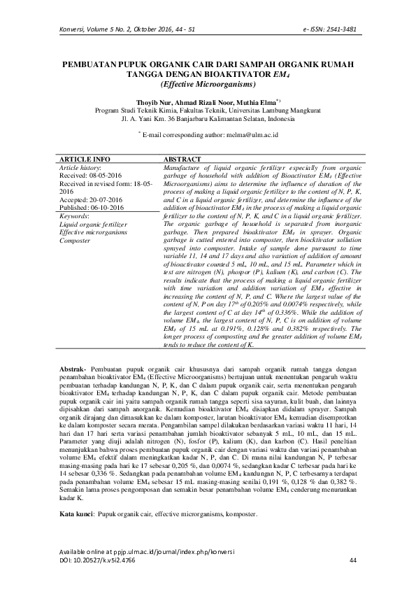 (PDF) PEMBUATAN PUPUK ORGANIK CAIR DARI SAMPAH ORGANIK RUMAH TANGGA DENGAN BIOAKTIVATOR EM4 ...