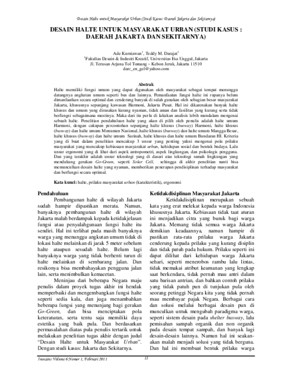 (PDF) Desain Halte untuk Masyarakat Urban (Studi Kasus: Daerah Jakarta dan Sekitarnya)
