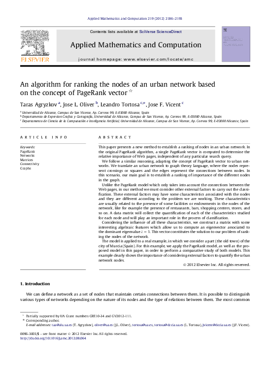 Pdf An Algorithm For Ranking The Nodes Of An Urban Network Based On The Concept Of Pagerank Vector