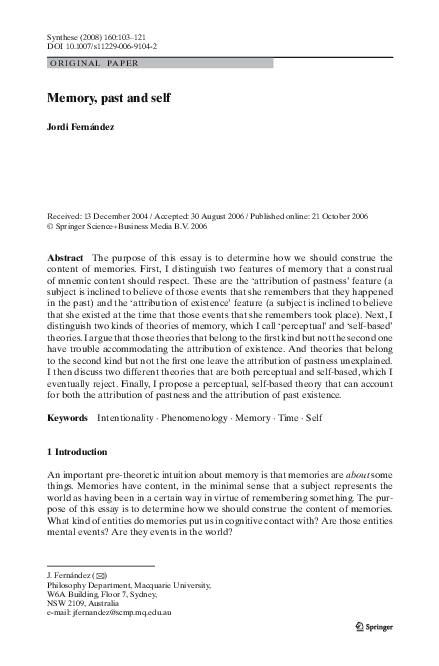 (PDF) Memory, past and self