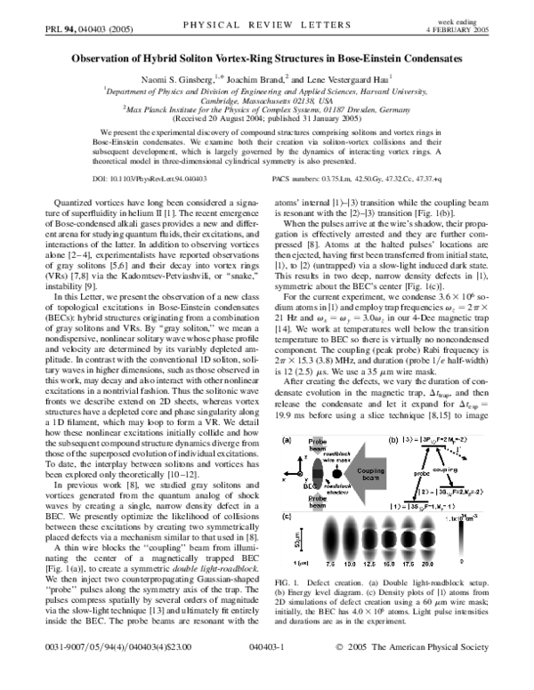 (PDF) Observation of Hybrid Soliton Vortex-Ring Structures in Bose ...